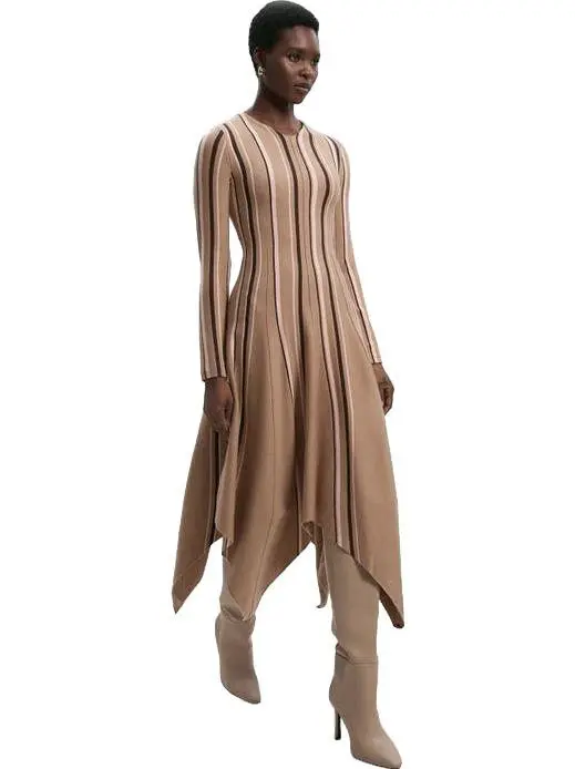 Karen Millen Asymmetric Hem Knit Midi Dress With Vertical Stripes - Camel