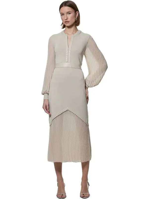 Karen Millen Petite Woven Sleeved Pleated Dress - Stone