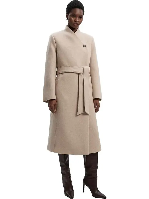 Karen Millen Wool Wrap Neck Tailored Belted Midi Coat - Oatmeal
