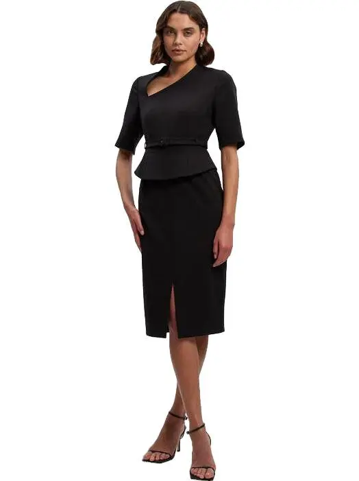 Karen Millen Asymmetric Neck Belted Pencil Midi Dress - Black