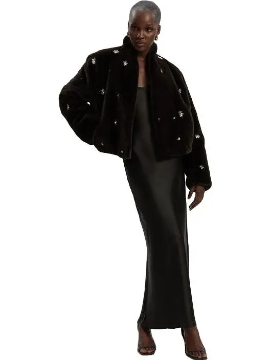 Karen Millen Crystal Embellished Faux Fur Short Coat - Chocolate