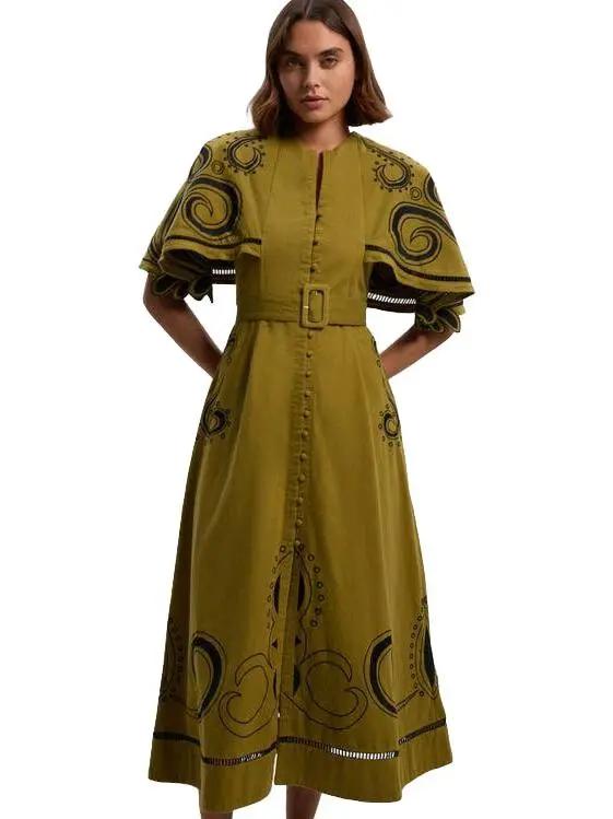 Karen Millen Baroque Cape Sleeve Midi Dress - Khaki