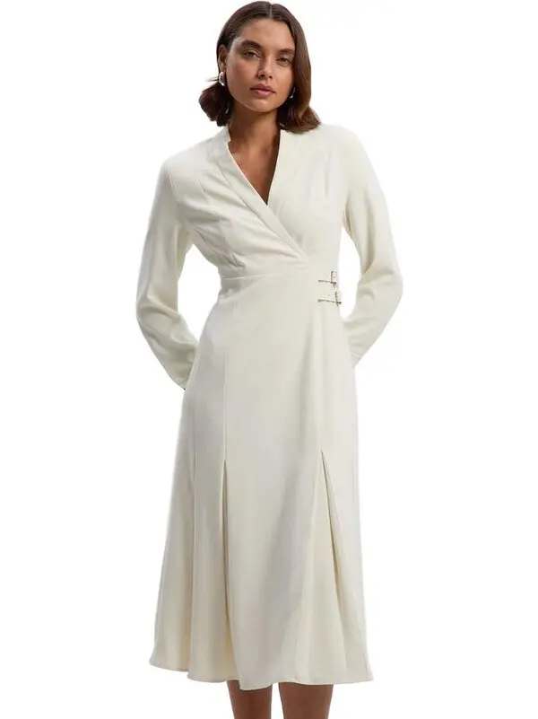 Karen Millen Crepe Buckle Waist Midi Shirt Dress - Ivory