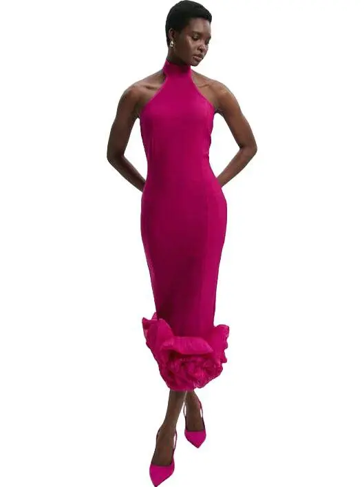 Karen Millen Ruffle Hem Halter Knit Midi Dress - Magenta
