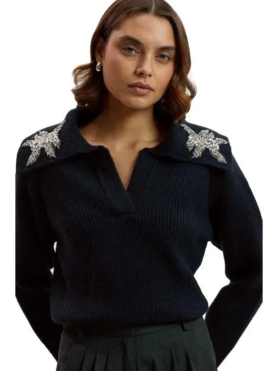 Karen Millen Embellished Collar V-neck Knit Sweater - Navy