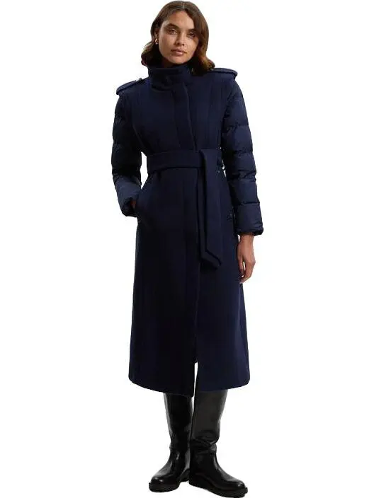 Karen Millen Wool High Neck Puffer Belted Midi Coat - Navy