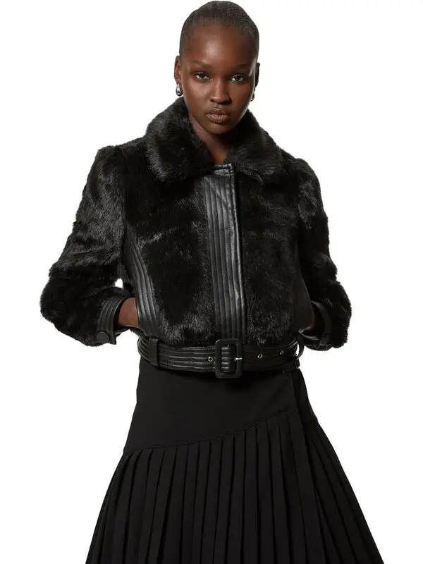 Karen Millen Faux Fur Pu Paneled Belted Cropped Jacket - Black