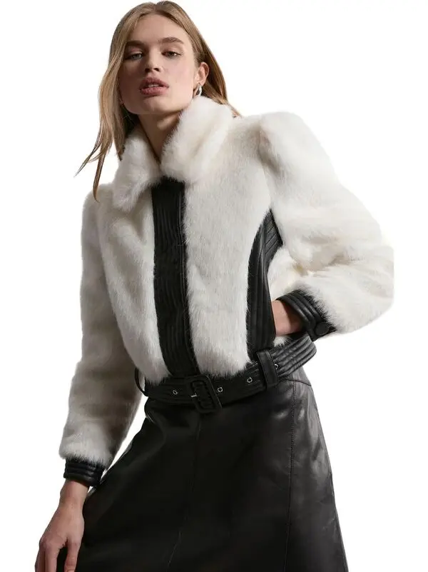 Karen Millen Faux Fur Pu Paneled Belted Cropped Jacket - Ivory