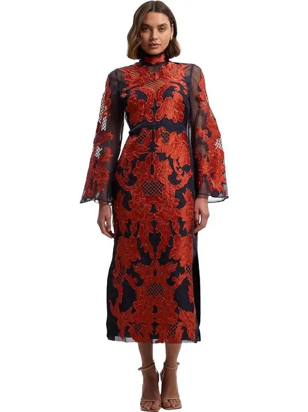Karen Millen High Neck Embroidered Midi Dress - Navy