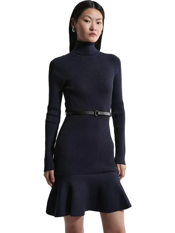 Karen Millen Roll Neck Belted Mini Dress - Navy