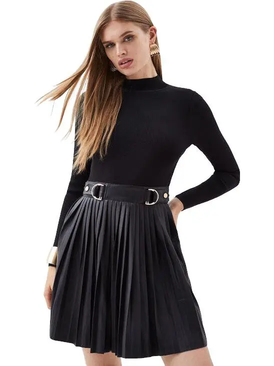 Karen Millen Knitted Top Pleated Skater Dress - Black