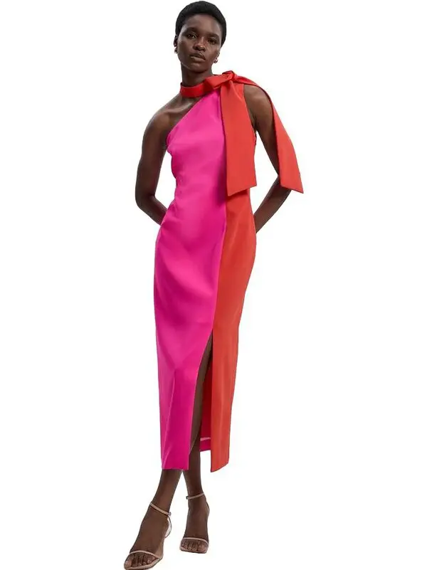 Karen Millen Tie-neck Color Block Midi Dress - Pink
