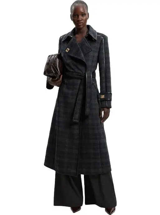 Karen Millen Double Breasted Belted Midi Coat With Fur Trim - Grey