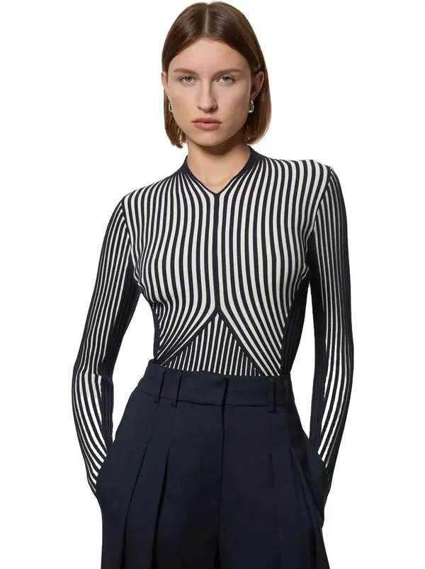Karen Millen Stripe Fitted Long Sleeve Knitted Top - Navy