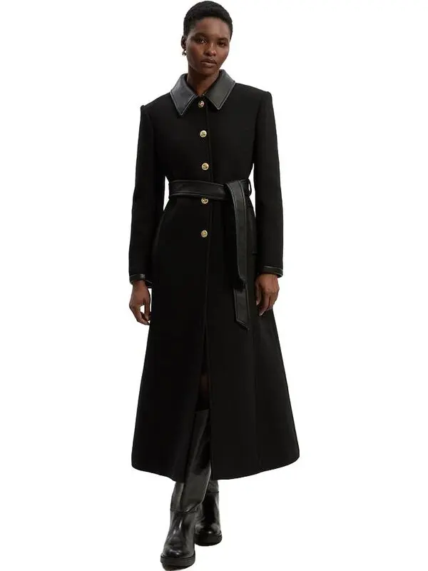 Karen Millen Wool Pu Mix Belted Tailored Maxi Coat - Black