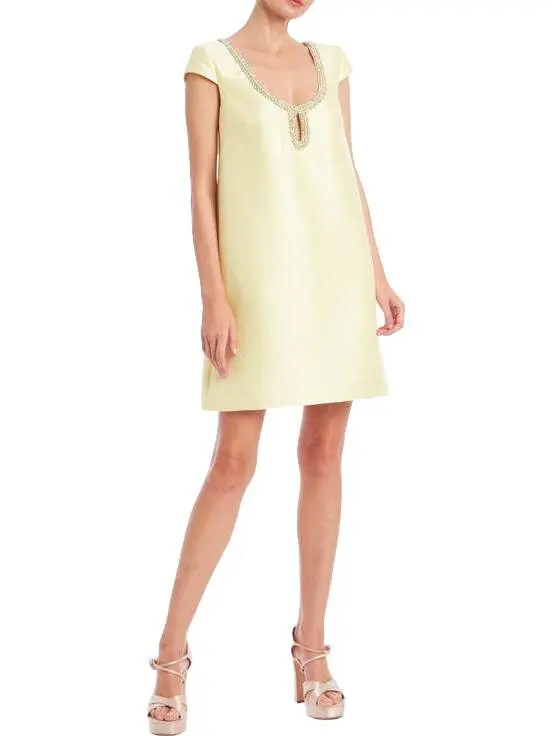 Badgley Mischka Bead Detail Taffeta Cocktail Shift Dress - Pale Yellow