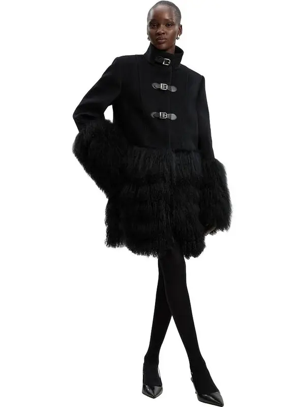 Karen Millen Brushed Wool Buckle Detail Short Coat - Black