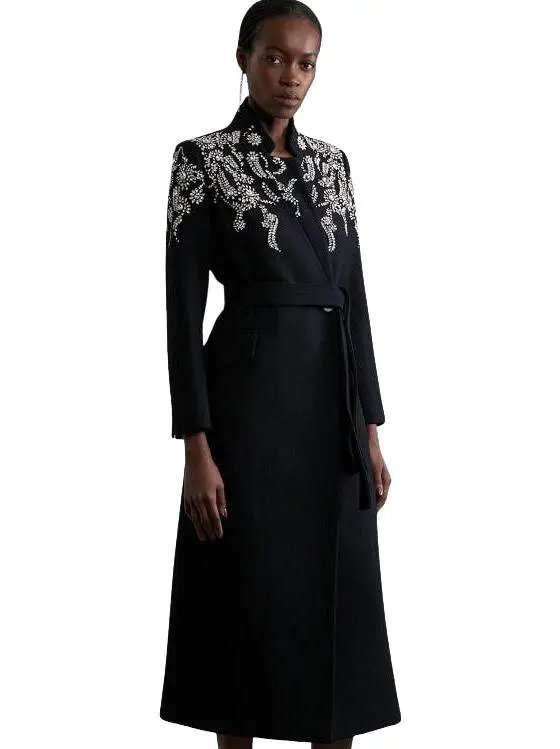 Karen Millen Tailored Wool Double Breasted Embellished Midi Coat - Black