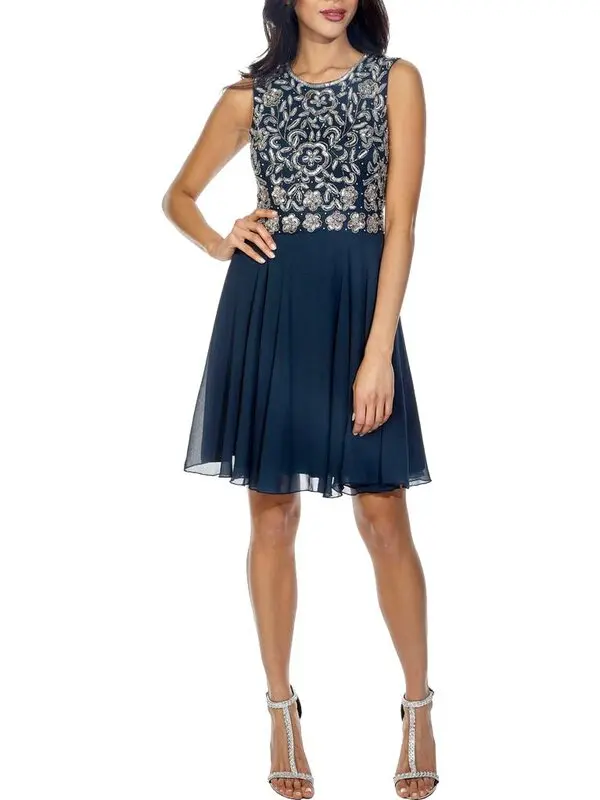 Lace & Beads Fit & Flare Dress - Navy