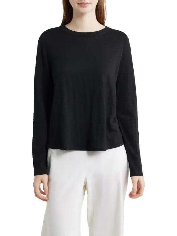 Eileen Fisher Long Sleeve Organic Linen T-shirt - Black