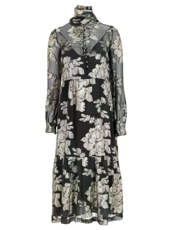 Saint Laurent Floral Sheered Midi Dress - Black