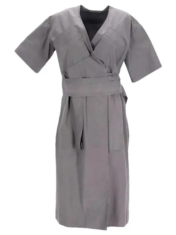 Celine Belted V-neck Midi Dress - Grey