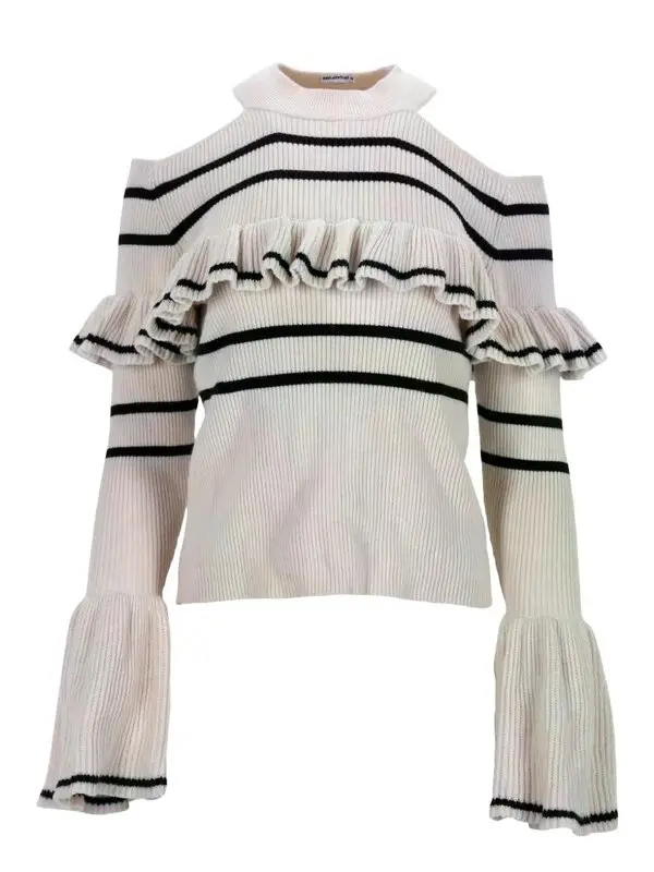 SELF-PORTRAIT Ruffle-trimmed Ribbed-knit Top - Neutrals