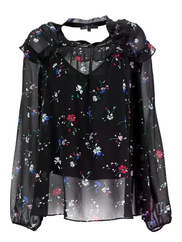 Maje Letra Floral Print Ruffled Blouse - Black