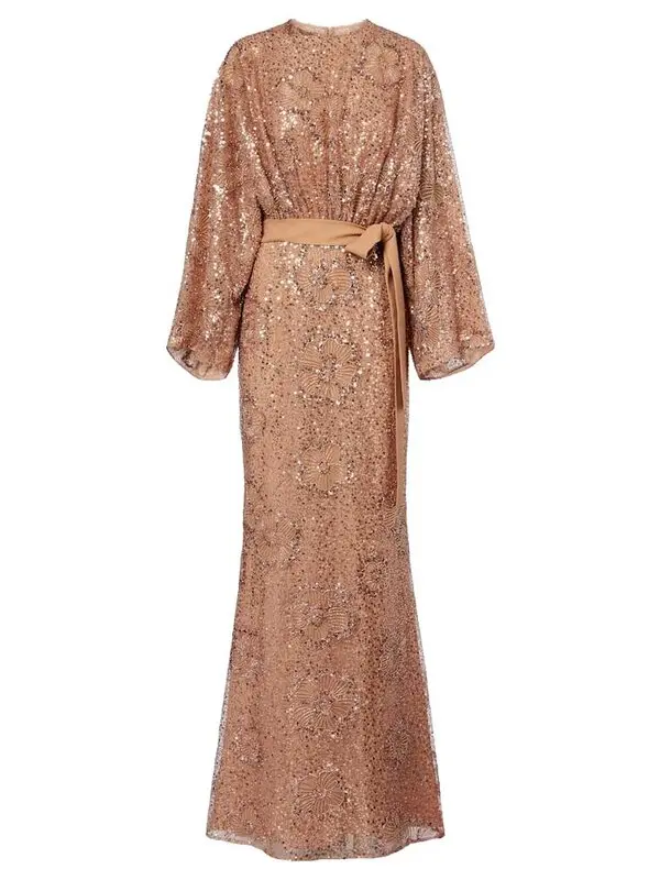 Elie Saab Belted Sequined Silk-blend Gown - Pink