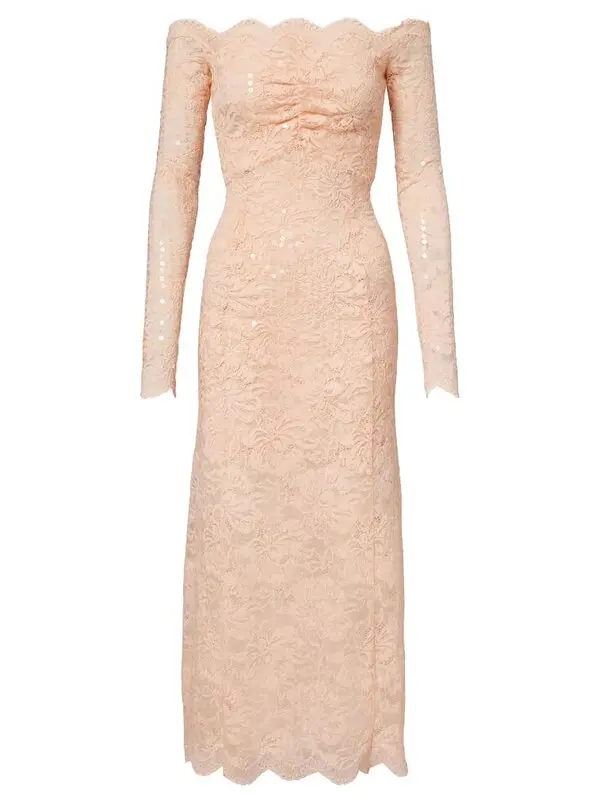 Rabanne Sequined Off-shoulder Lace Midi Dress - Pink