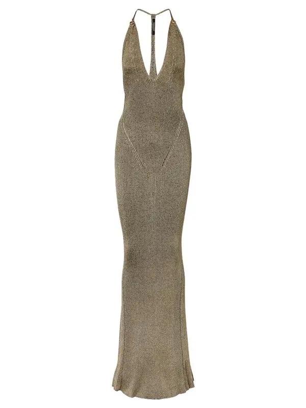 Roberto Cavalli Ribbed-knit Lamé Maxi Dress - Gold