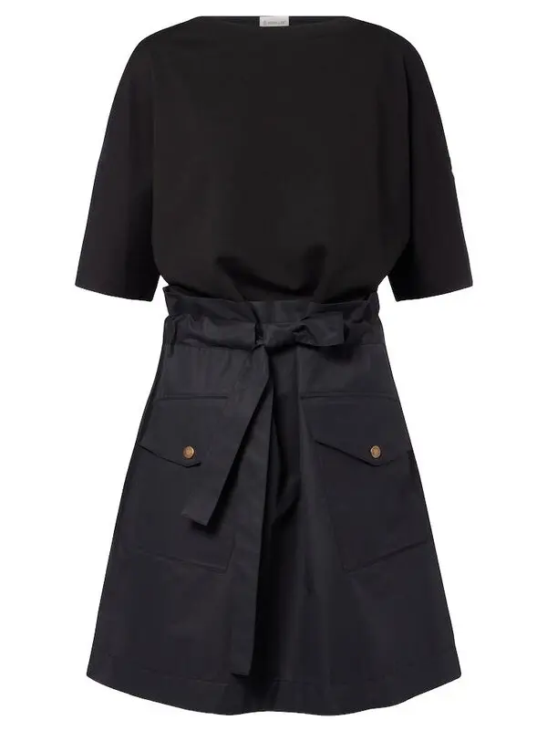 Moncler Belted Cotton-blend Jersey Minidress - Black