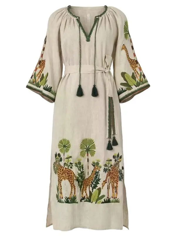 BENARAS BY CITRUS Giraffe Embroidered Dress - Neutrals