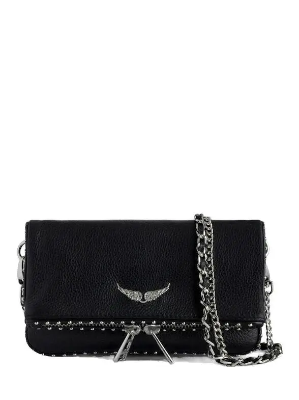 Zadig&Voltaire Rock Mini Studded Leather Clutch With Chain Straps - Black