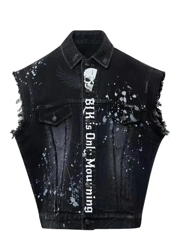 ORDINARY COUTURE CODE Skull Graphic Denim Vest - Black
