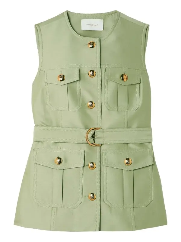 Zimmermann Luna Belted Wool And Silk-blend Vest - Green