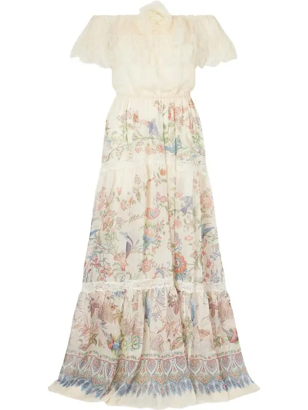 Etro Off-the-shoulder Lace-trimmed Floral-print Silk-chiffon Maxi Dress - Multi