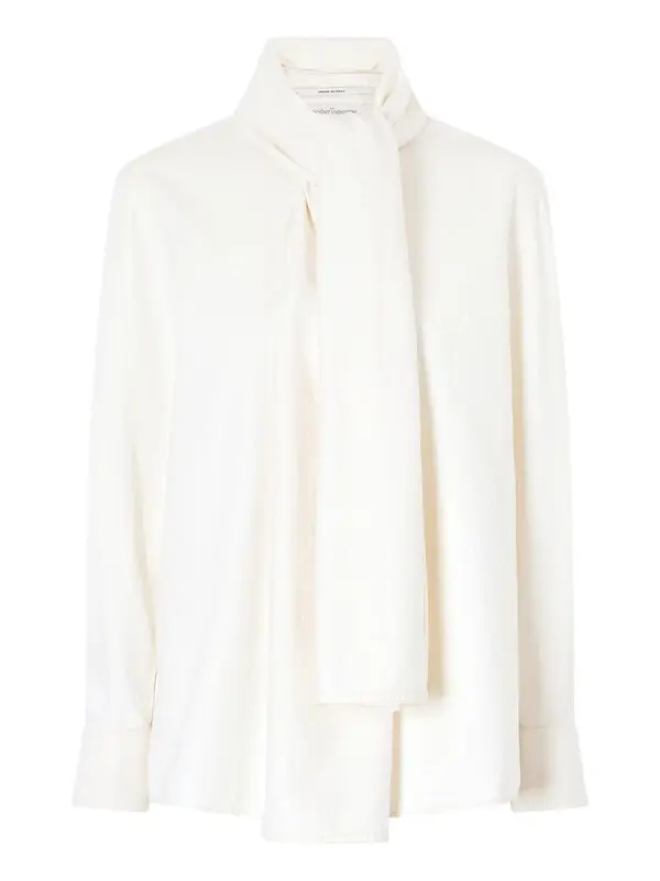 Another Tomorrow Pussy-bow Cotton-chambray Blouse - Neutrals