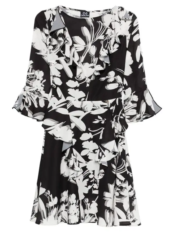 CATALINA Printed Short Wrap Dress - Black
