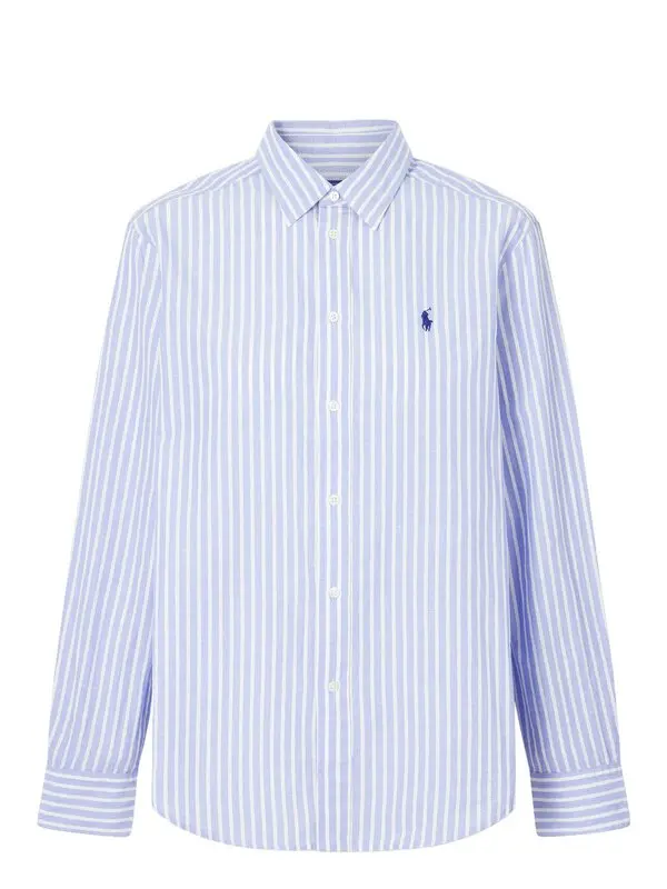 Polo Ralph Lauren Embroidered Striped Cotton And Linen-blend Shirt - Blue
