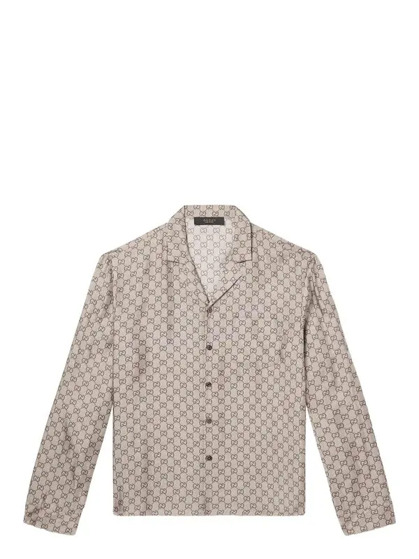Gucci Camp-collar Logo-jacquard Silk-twill Shirt - Beige