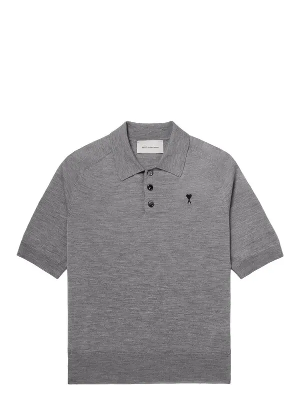Ami Logo-embroidered Merino Wool Polo Shirt - Gray