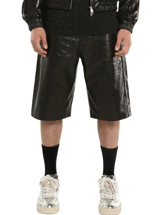 PURPLE BRAND Relaxed Sheepskin Leather Track Shorts - Black