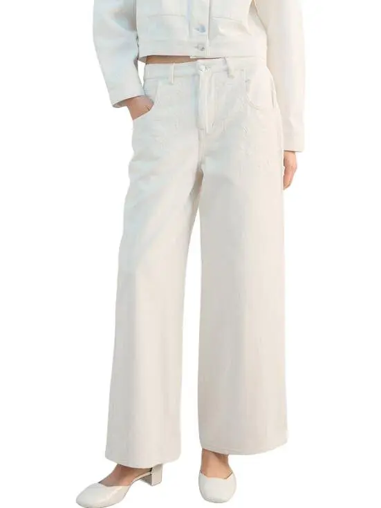 Mango Embroidered High-waist Wide-leg Jeans - Off White
