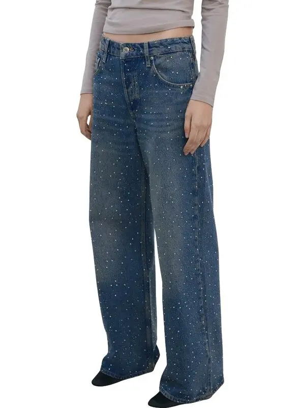 Mango Rhinestone Embellished Wide Leg Jeans - Medium Blue