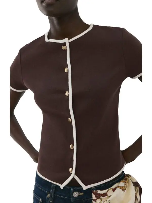 Mango Piped Trim Cotton Button-up Top - Chocolate