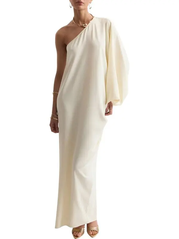 Mango One-shoulder Maxi Dress With Golden Hardware - Ecru