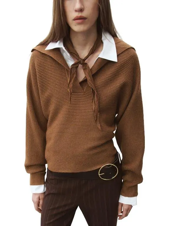 Mango Ribbed Johnny Collar Sweater - Tobacco Brown