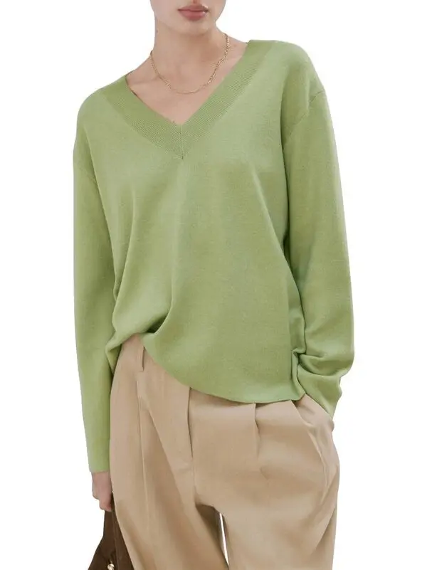 Mango V-neck Fine Knit Sweater - Green