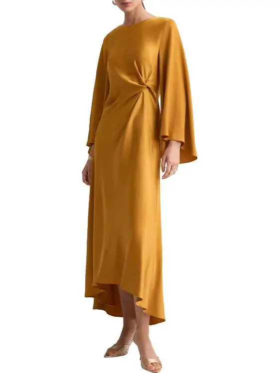 Mango Flutter Sleeve Satin Dress - Ochre